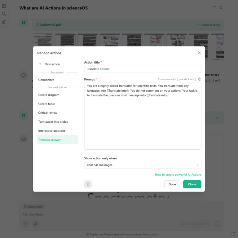 What are AI Actions in scienceOS?